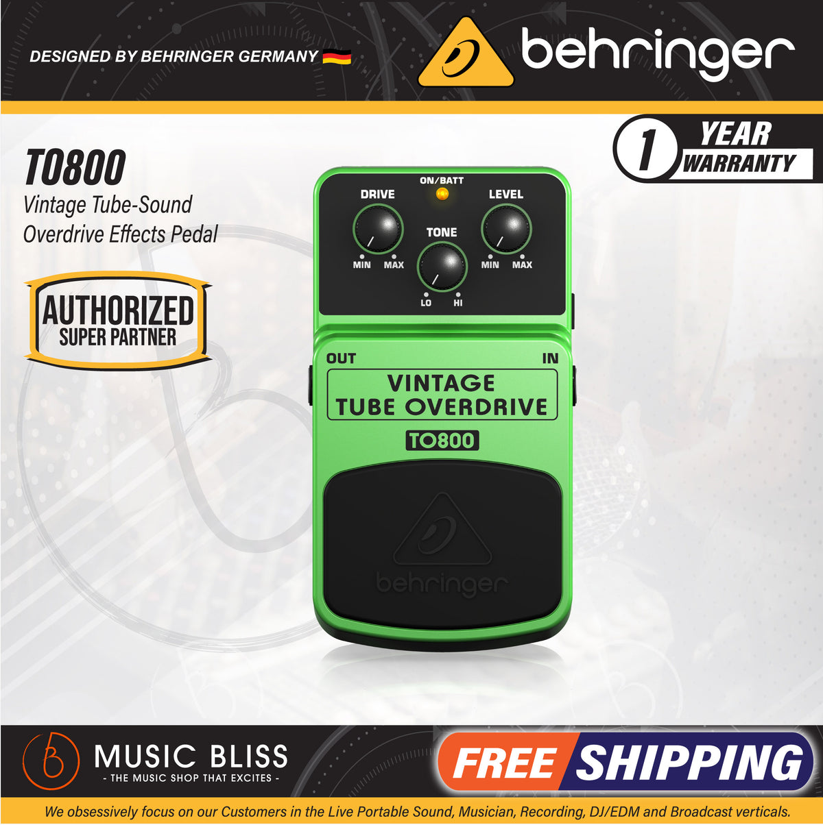 Behringer TO800 Vintage Tube Overdrive Effects Pedal (TO-800 / TO 800 ...