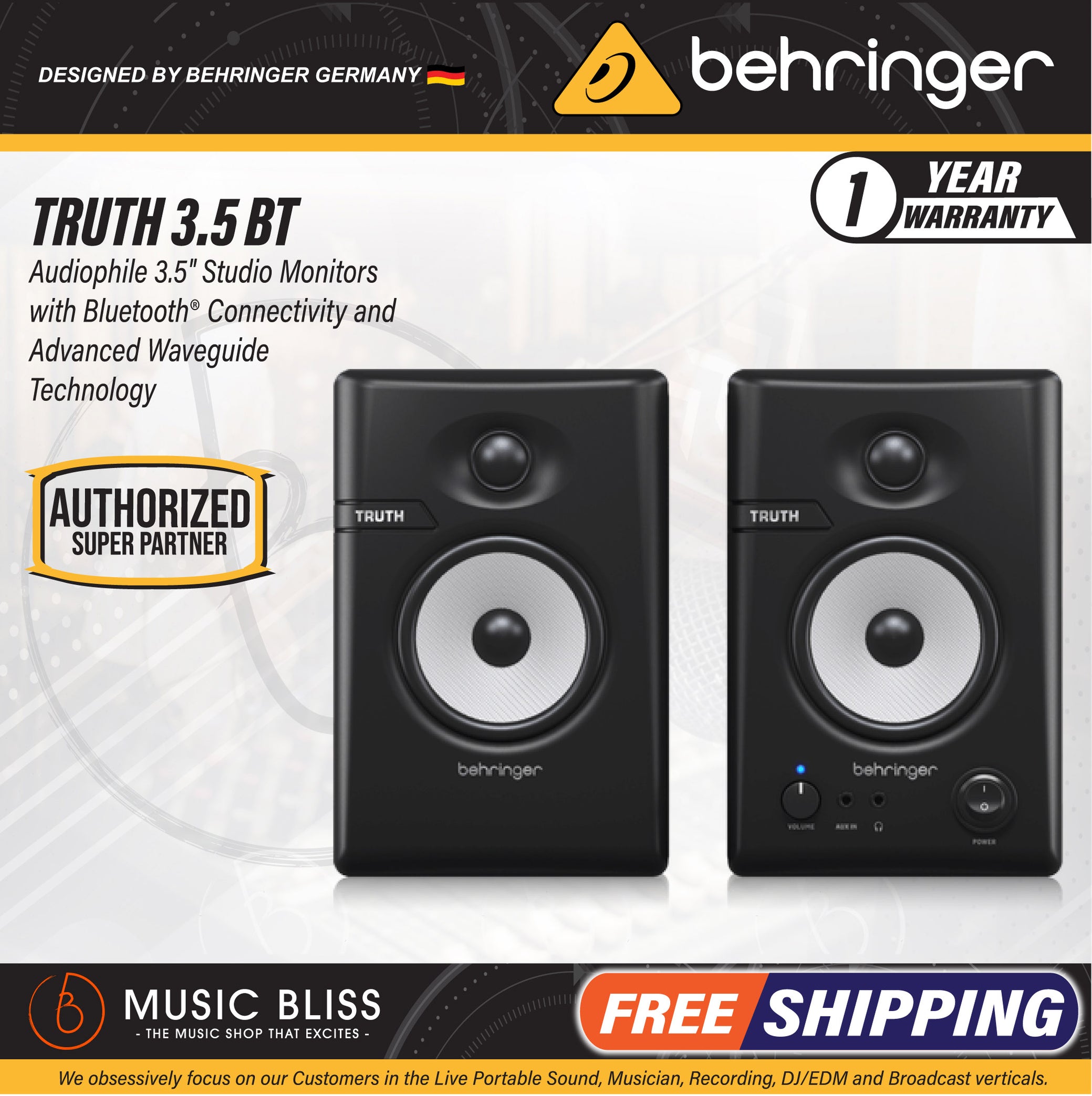 Behringer TRUTH 3.5 BT 3.5" Powered Studio Monitor with Bluetooth - Pair | Music Bliss Malaysia
