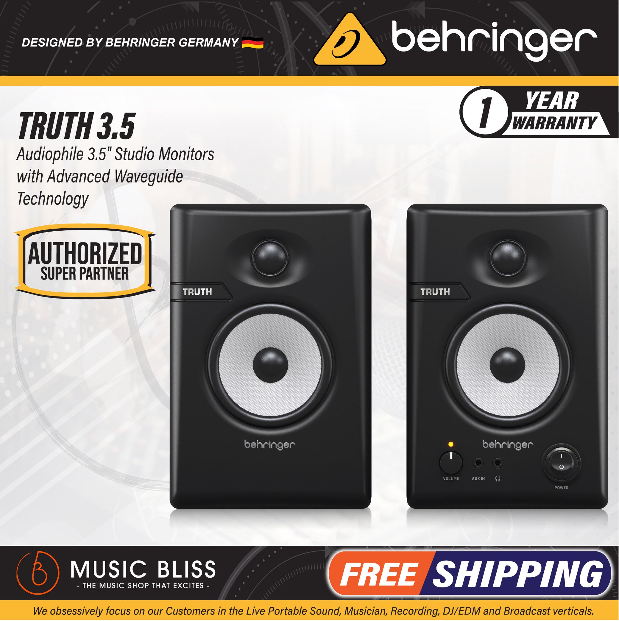 Behringer TRUTH 3.5 inch Powered Studio Monitor - Pair | Music Bliss ...