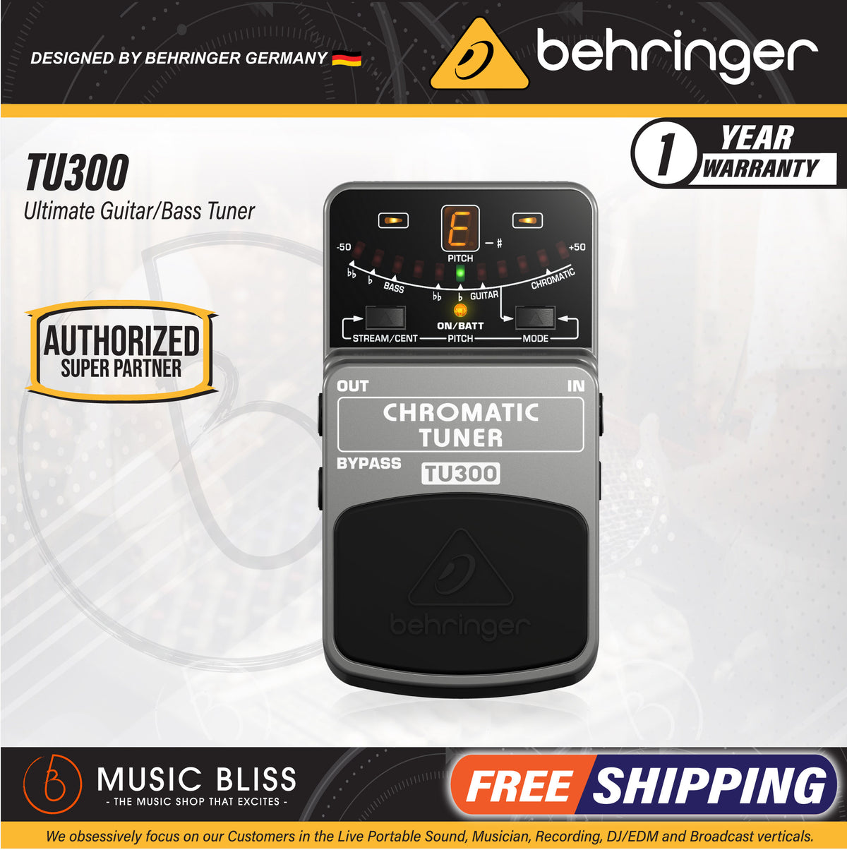 Behringer TU300 Chromatic Tuner Guitar Effects Pedal (TU-300 / TU 300 ...