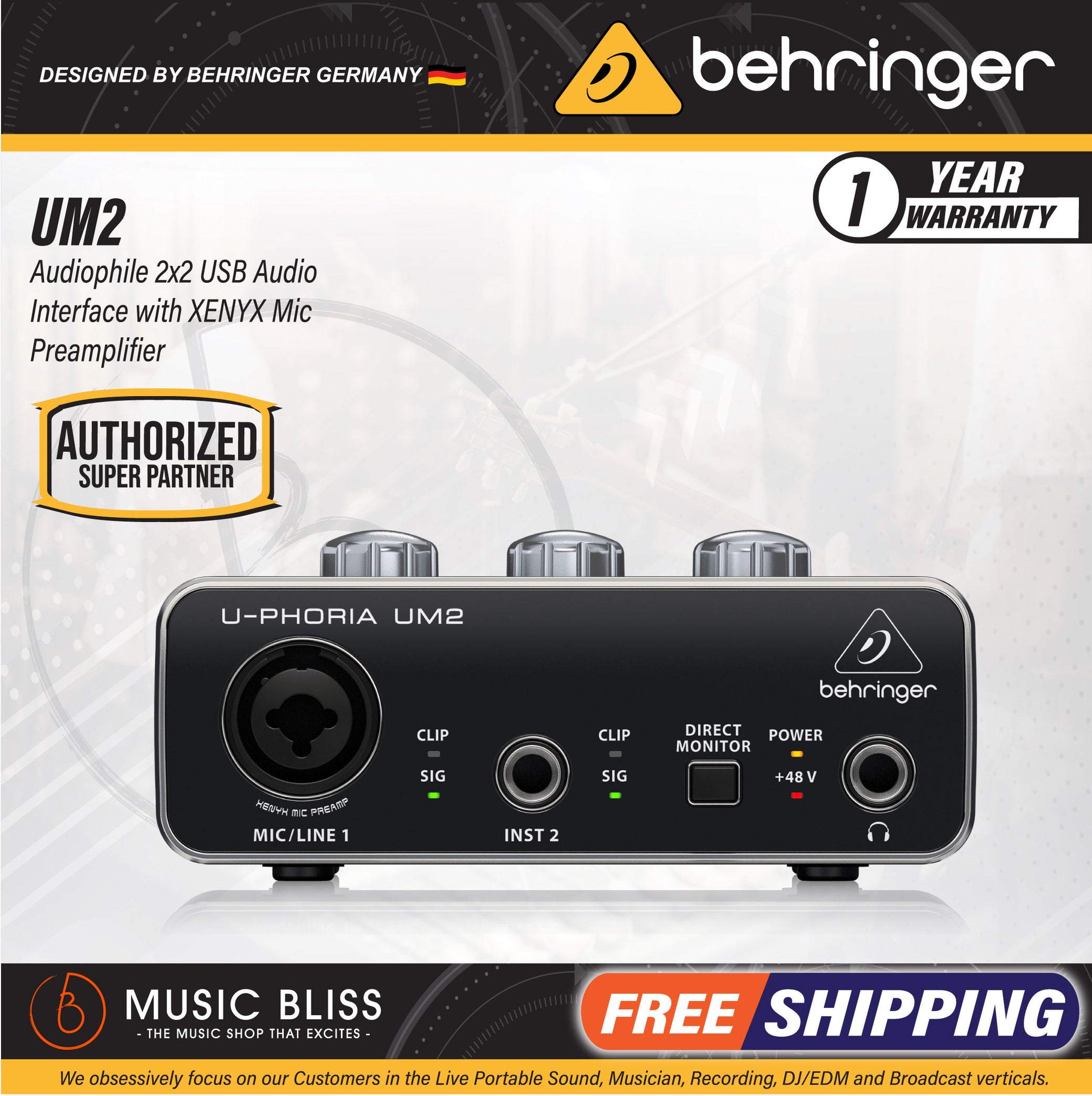 Behringer U-Phoria UM-2 USB Audio Interface (UM2) | Music Bliss Malaysia