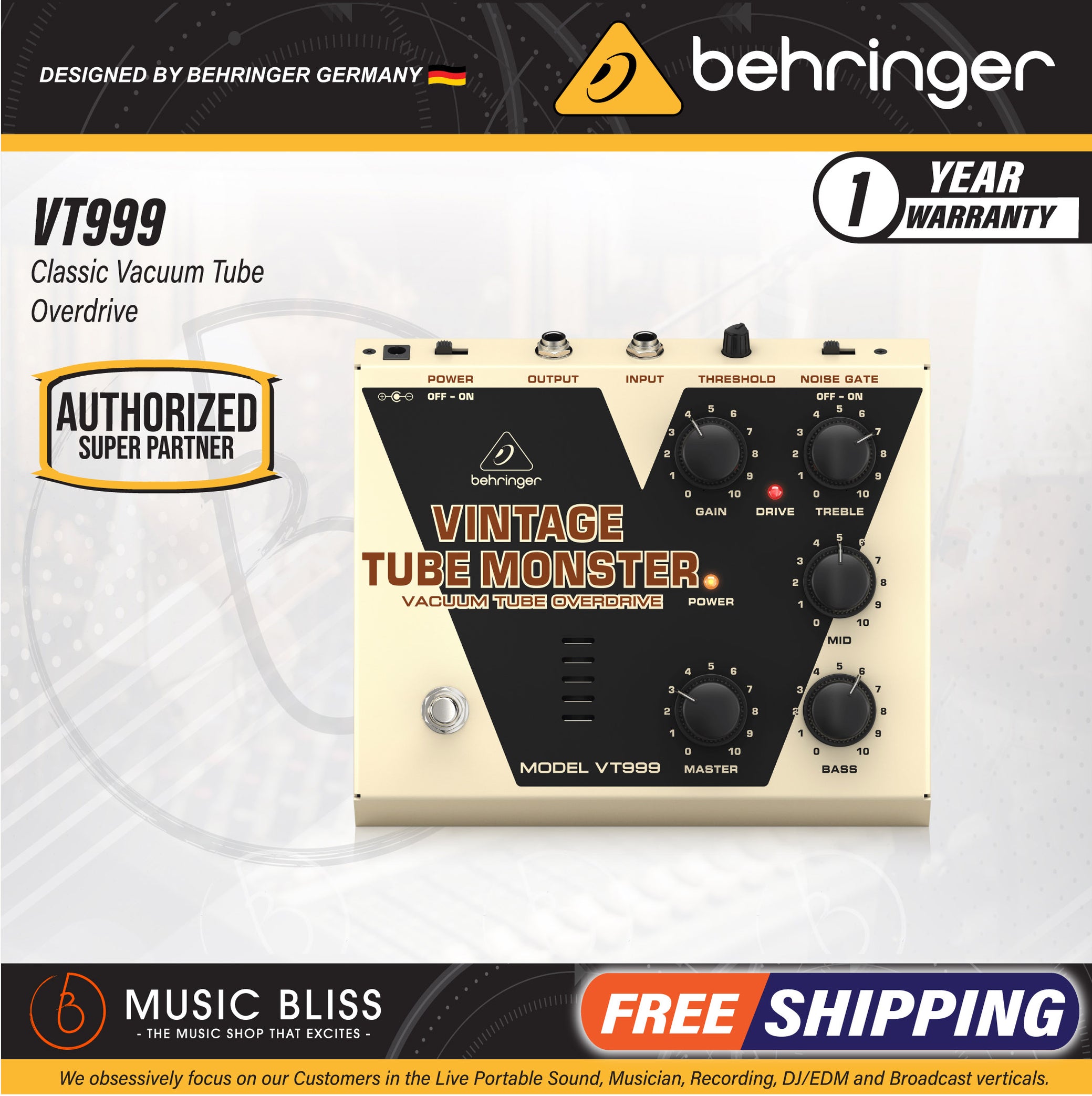Behringer VT999 Vintage Tube Monster Overdrive Effects Pedal (VT-999 ...