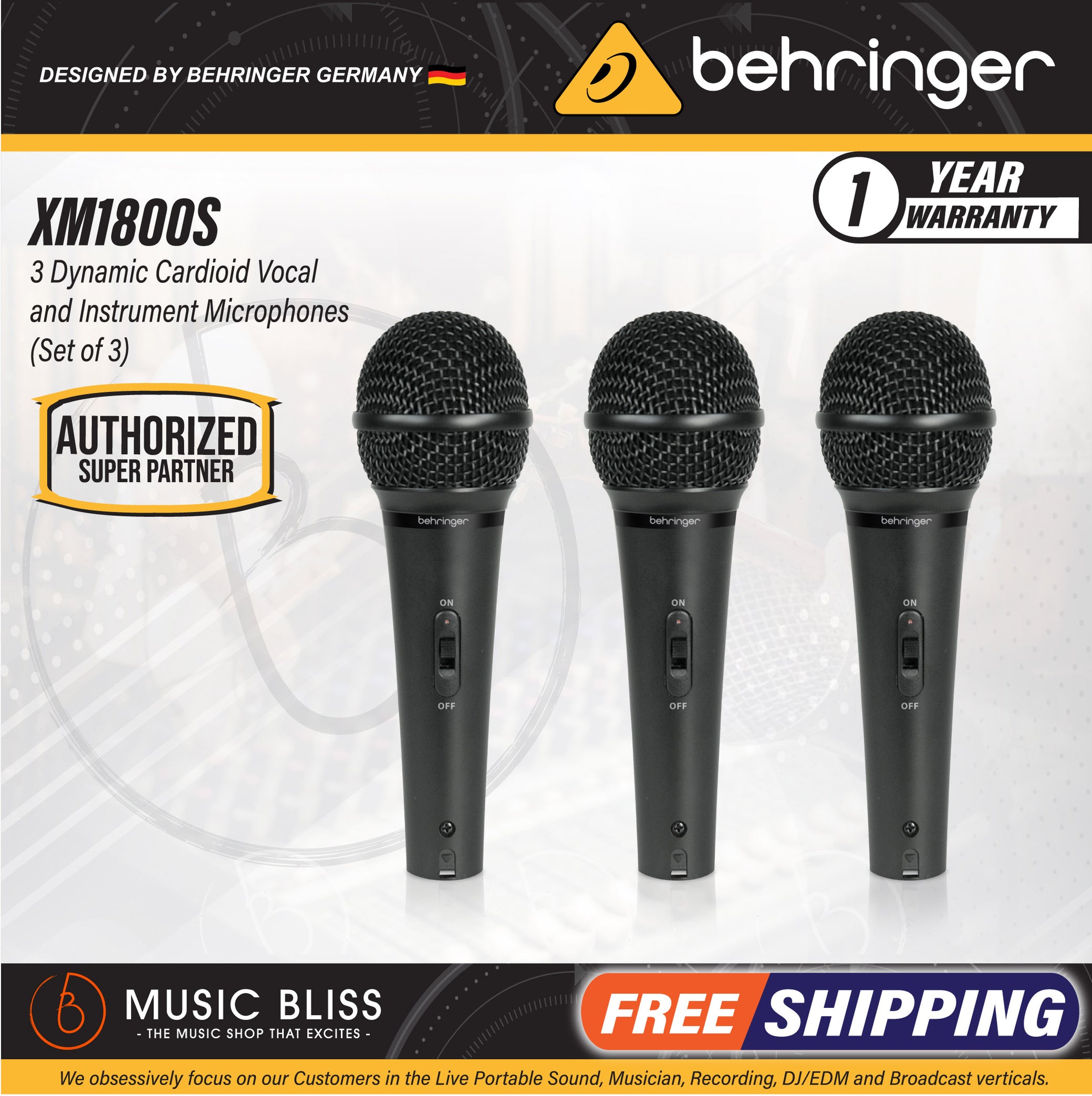 Behringer XM1800S (3-Pack) Dynamic Mic with Carrying Case | Music Bliss ...