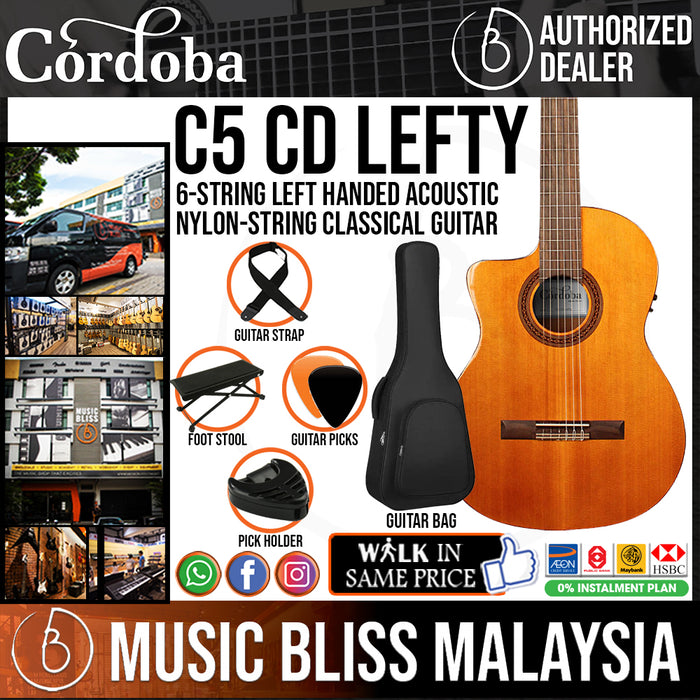 Cordoba C5 CD Lefty Guitar Pack - Solid Canadian Cedar Top, Mahogany Wood Back & Sides (C5CD ...