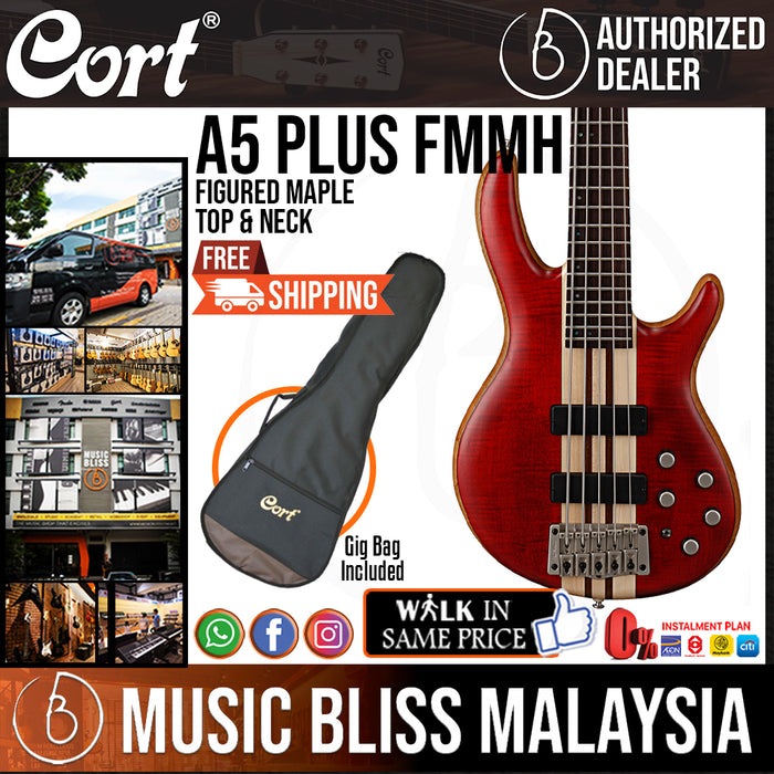 Cort A5 Plus FMMH 5-String Bass Guitar with Bag - Open Pore Black Cherry | Music Bliss Malaysia