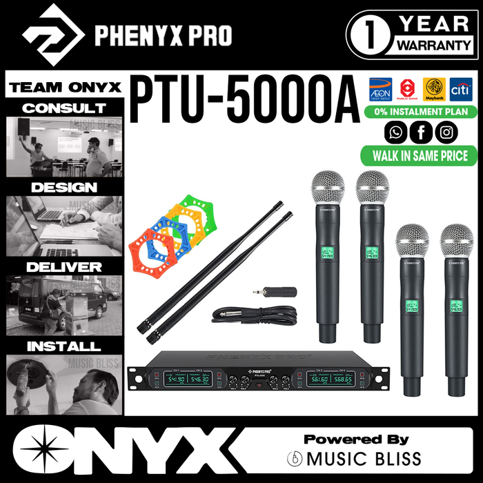 Phenyx Pro Best Budget Wireless PTU-5000A 4-Channel UHF Wireless Microphone System, with 4x ...
