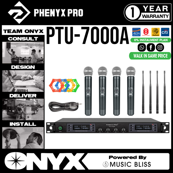 Phenyx Pro Best Budget Wireless PTU-7000A 4-channel UHF Wireless Microphone System, with 4x ...